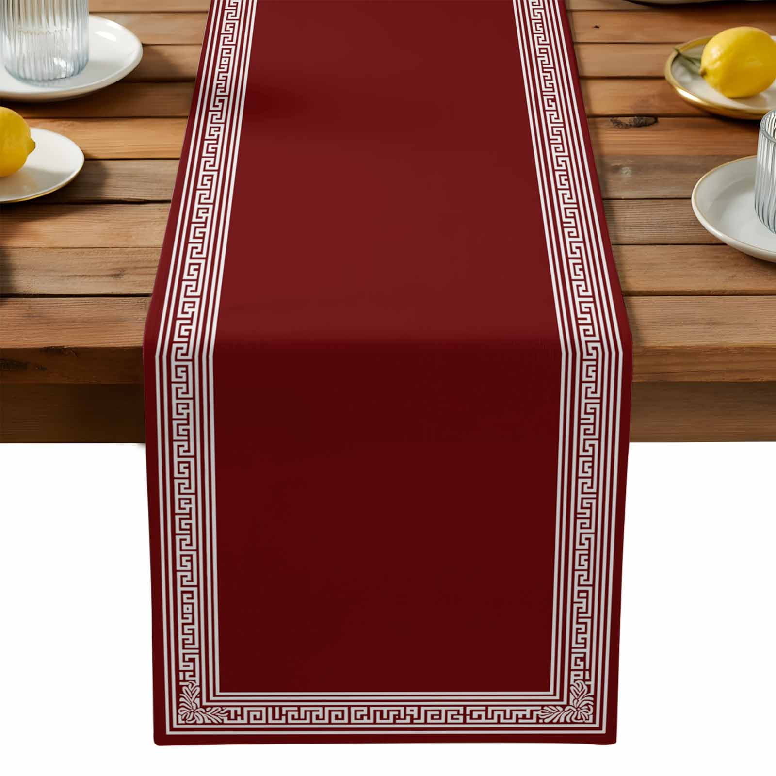 Wine Red Greek Key Pattern Table Runner, Geometric Modern Cotton Linen ...