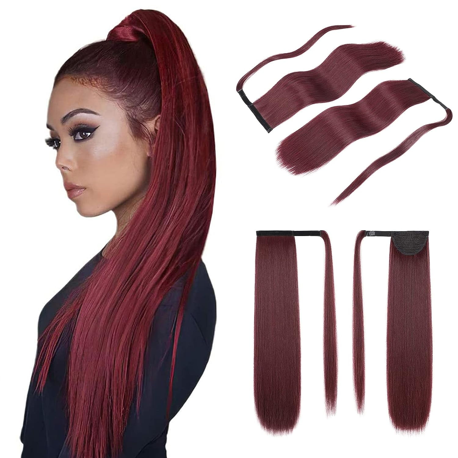 Wine Red Ponytail 24 Inch Long Straight Synthetic Wrap Around Ponytail ...