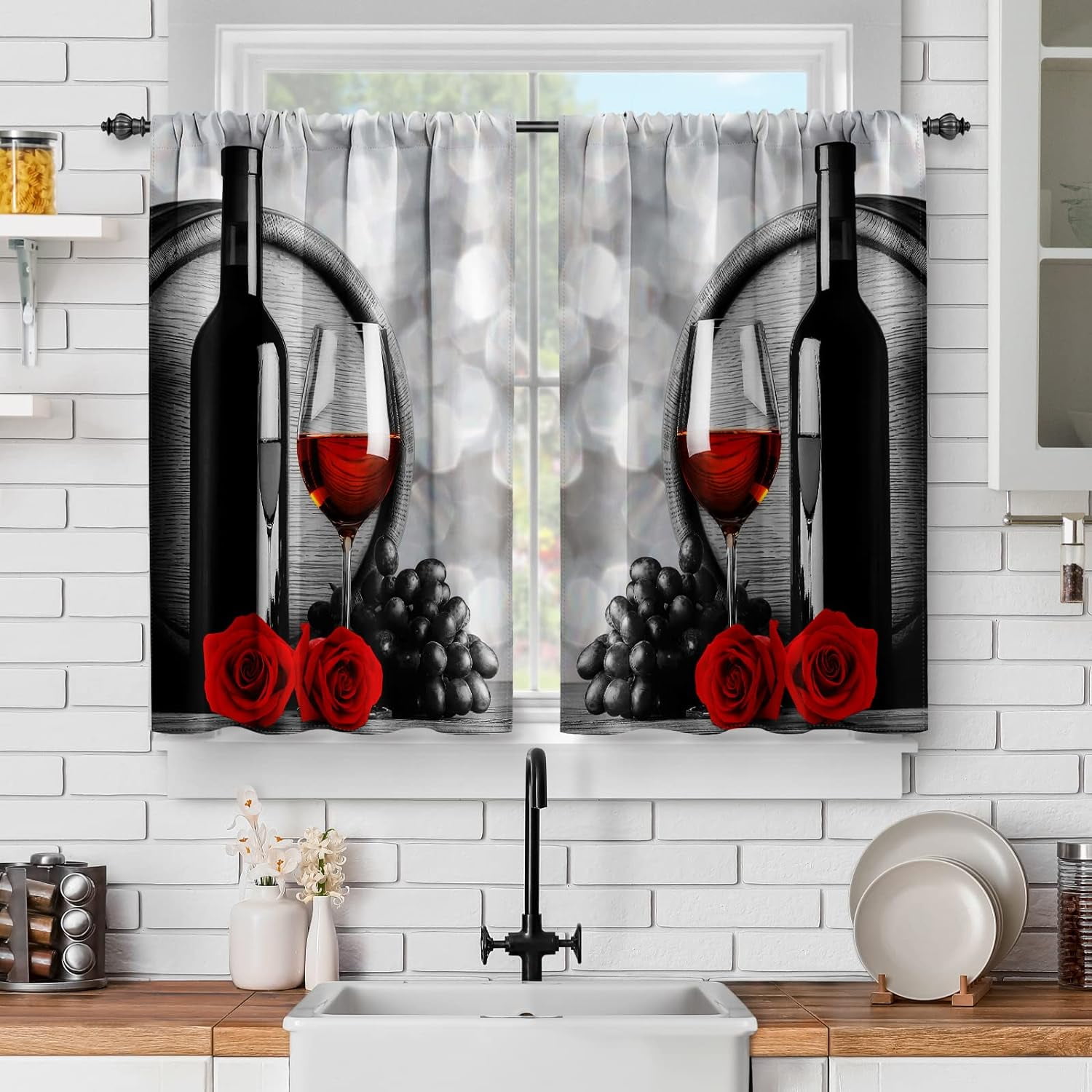 Wine Red Rose Kitchen Curtains: Romantic Flower Art Printed Short Cafe ...
