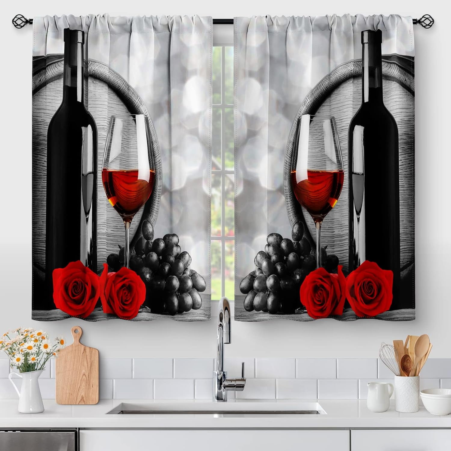 Red Rose and Wine Kitchen Curtains - Rustic Romantic Valentine ...