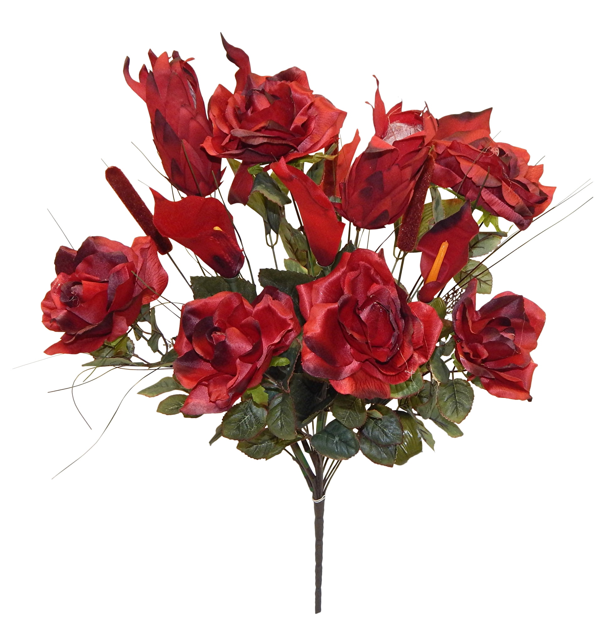 Wine Red Rose Lily Protea with Cattail Grass 24in Artificial Polysilk ...
