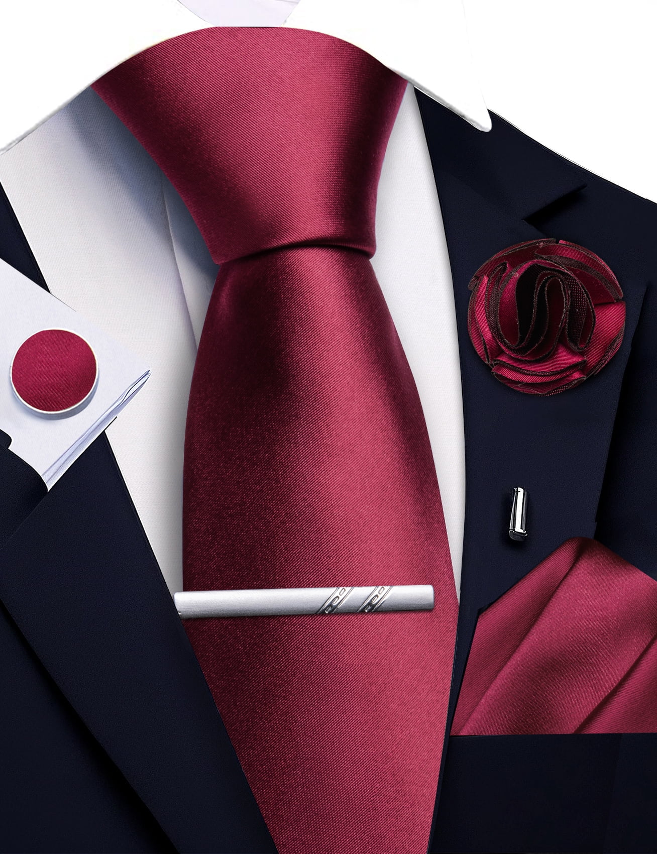 Barry Wang Men Silk Satin Burgundy Necktie Set, 5PCS + more - Walmart.com