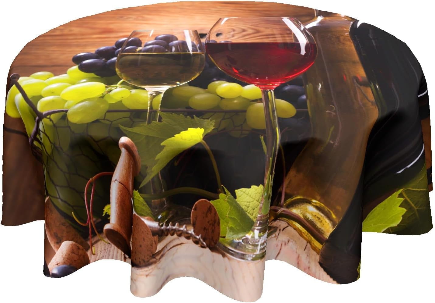 Wine Tablecloth Round Red and White Wine Glass Grapes Wooden Table ...