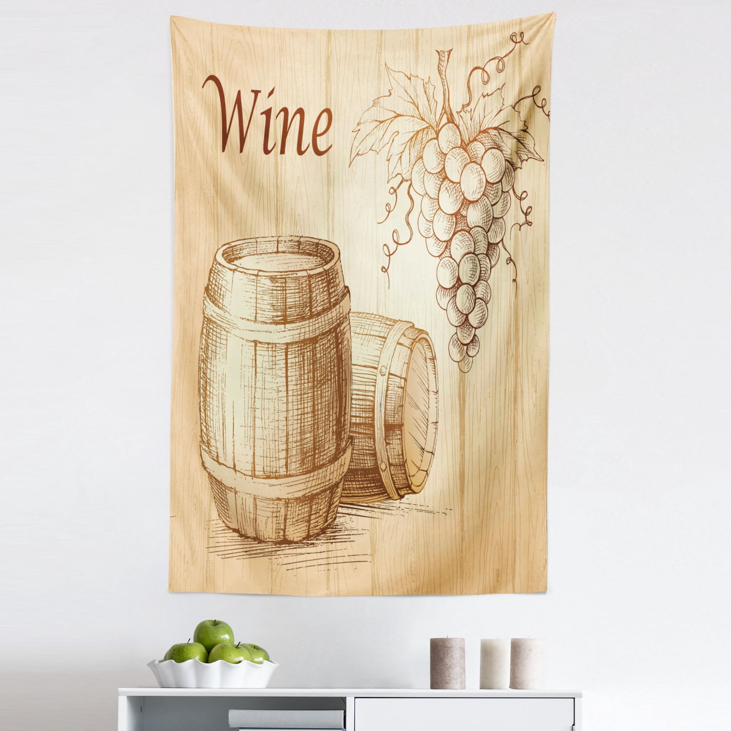 Wine Tapestry, Wooden Barrels and Bunch of Grapes on Wood Backdrop ...