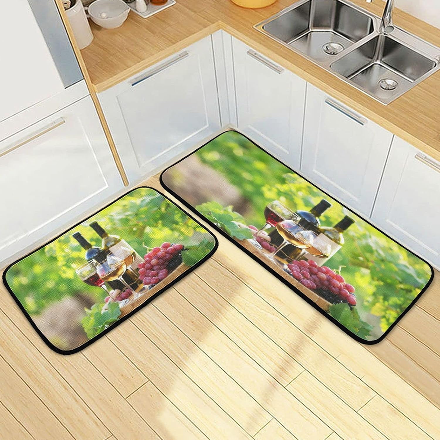Wine Wooden Barrel Kitchen Rugs 2 Pieces, Grape Plantation Farm Floor ...