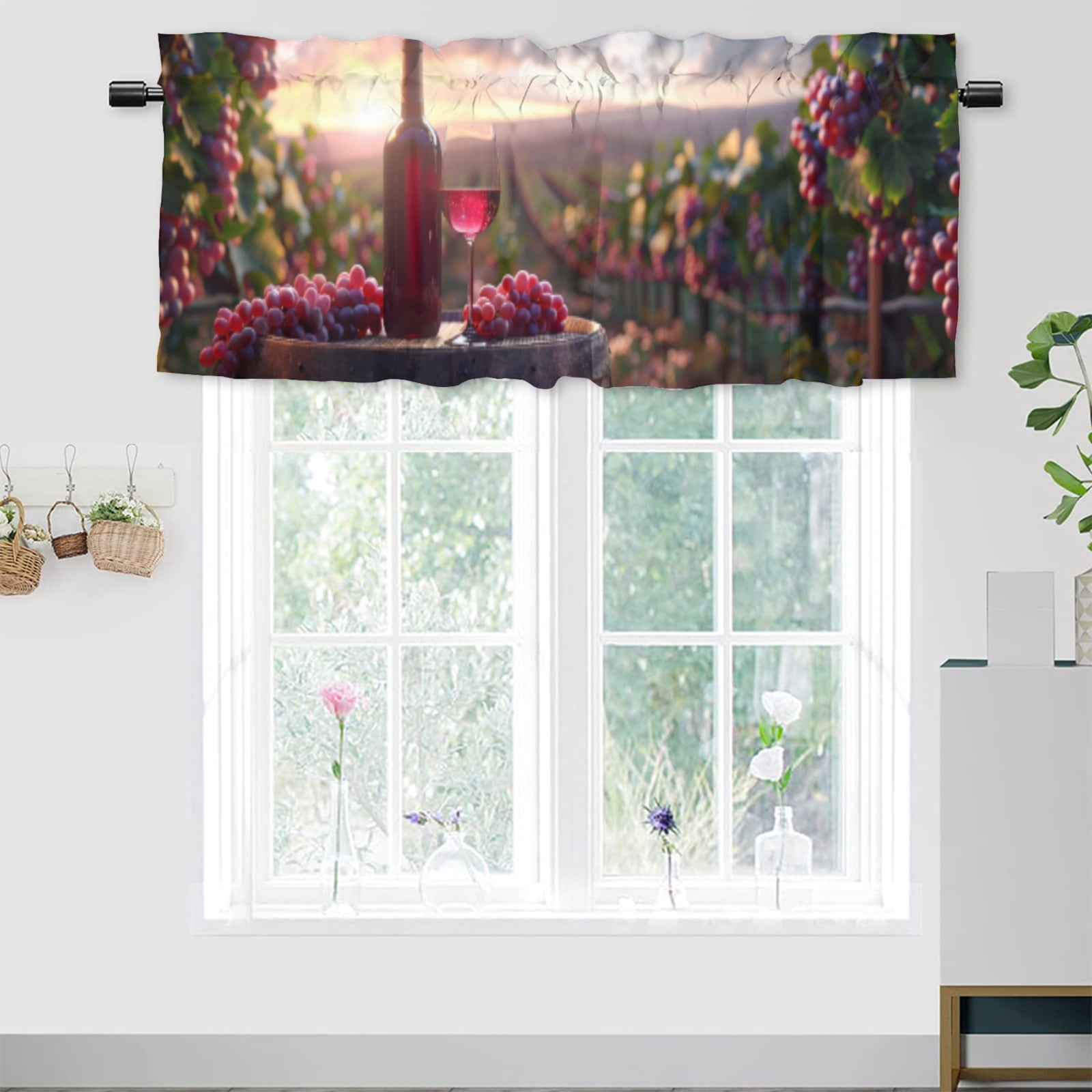 Winery Kitchen Window Curtain Valance Red Wine Cask Grapes Vineyard Rod ...