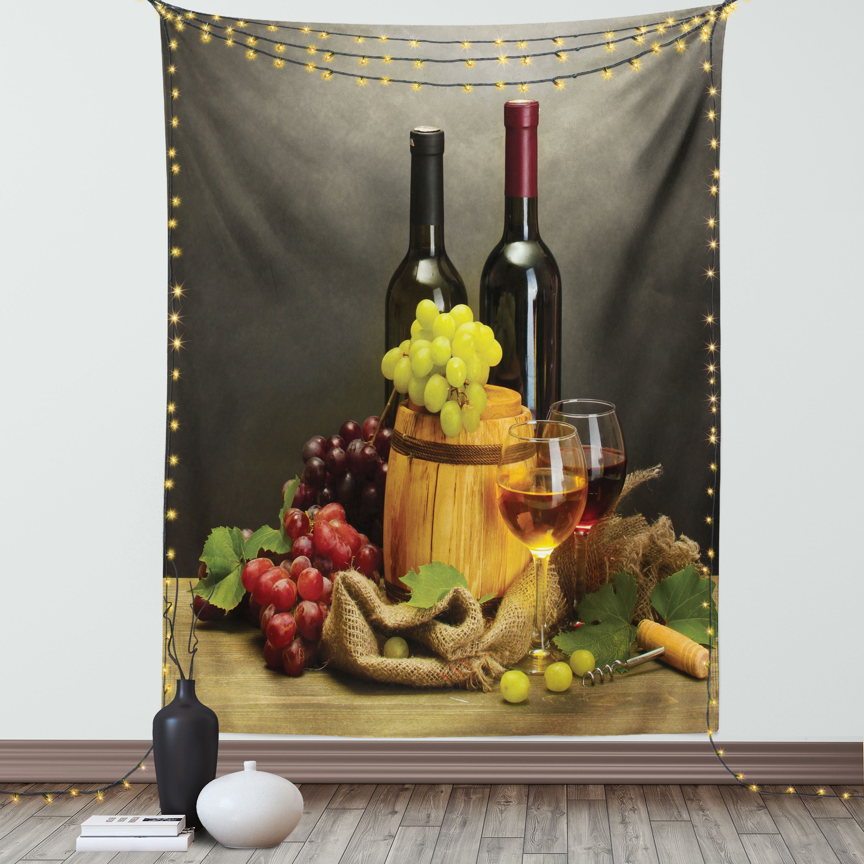 Winery Tapestry, Barrel Bottles and Glasses of Wine and Ripe Grapes on ...