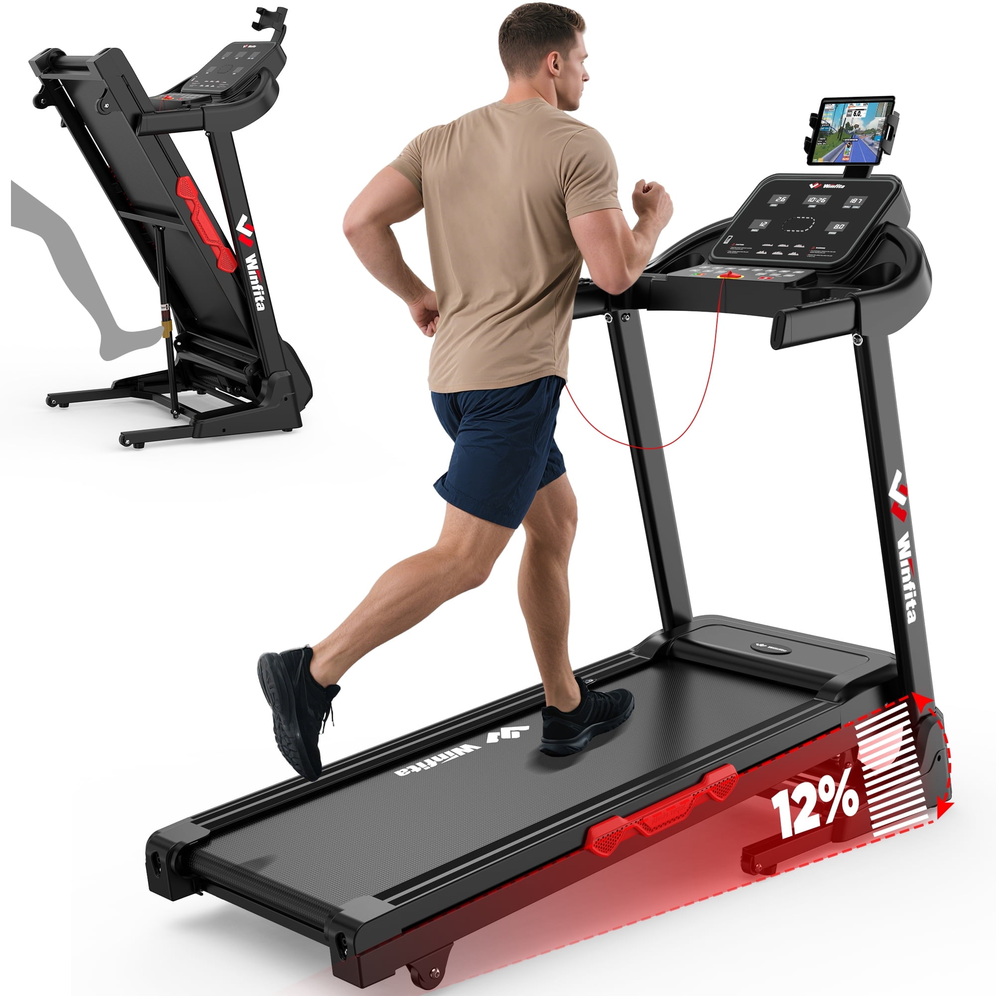 Treadmill with Auto Incline, 12% Incline Treadmill for Home, Compact ...