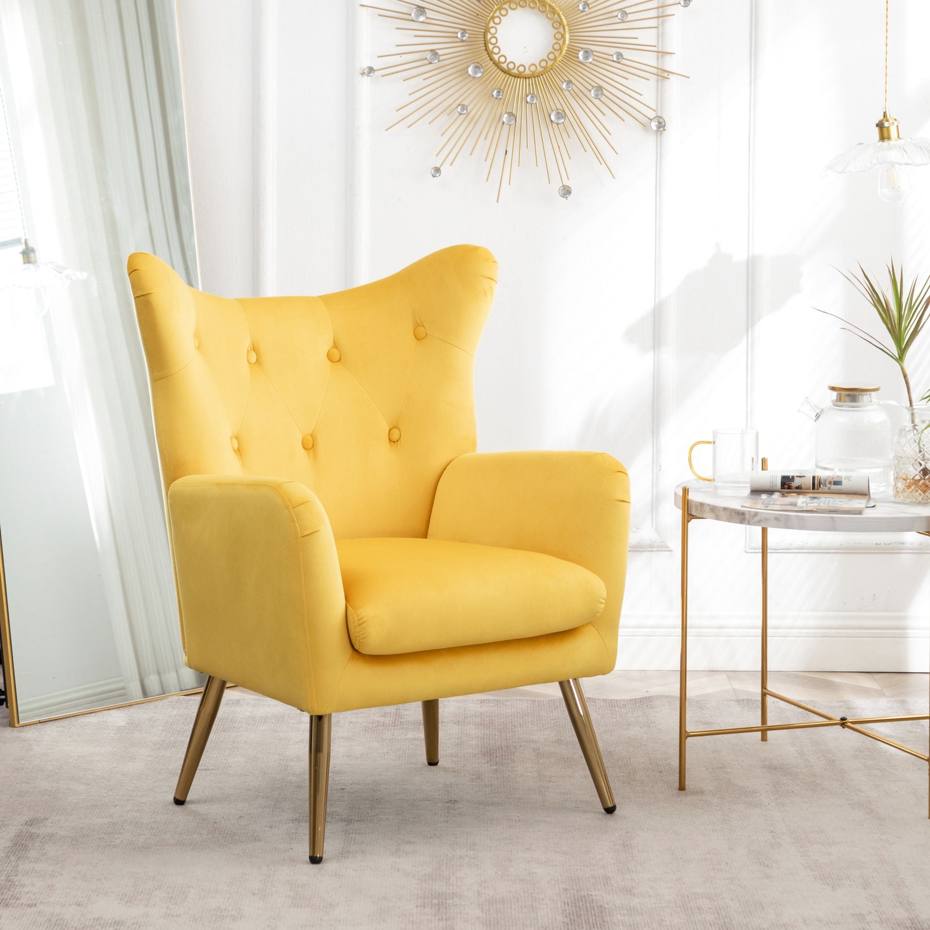Wing Back Yellow Velvet Chair with Button - Tufting for Decorating ...