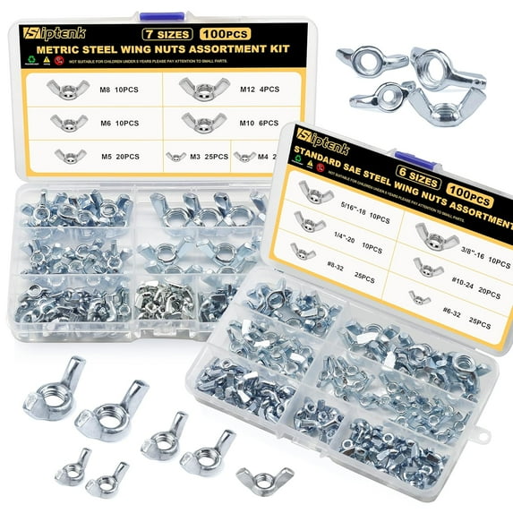 Wing Nuts 200PCS, Metric & SAE Wingnuts 13 Assorted Sizes Carbon Steel ...