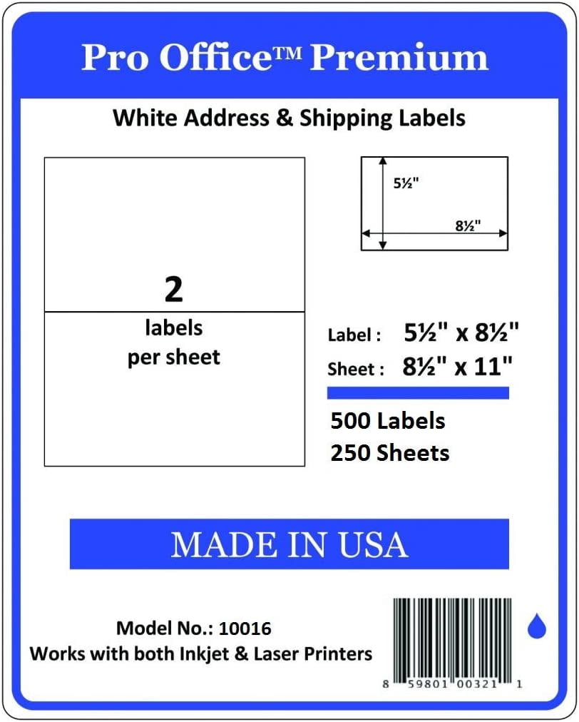 Wing Office Shipping Labels for Printers - Premium 500 Half Sheet Self ...