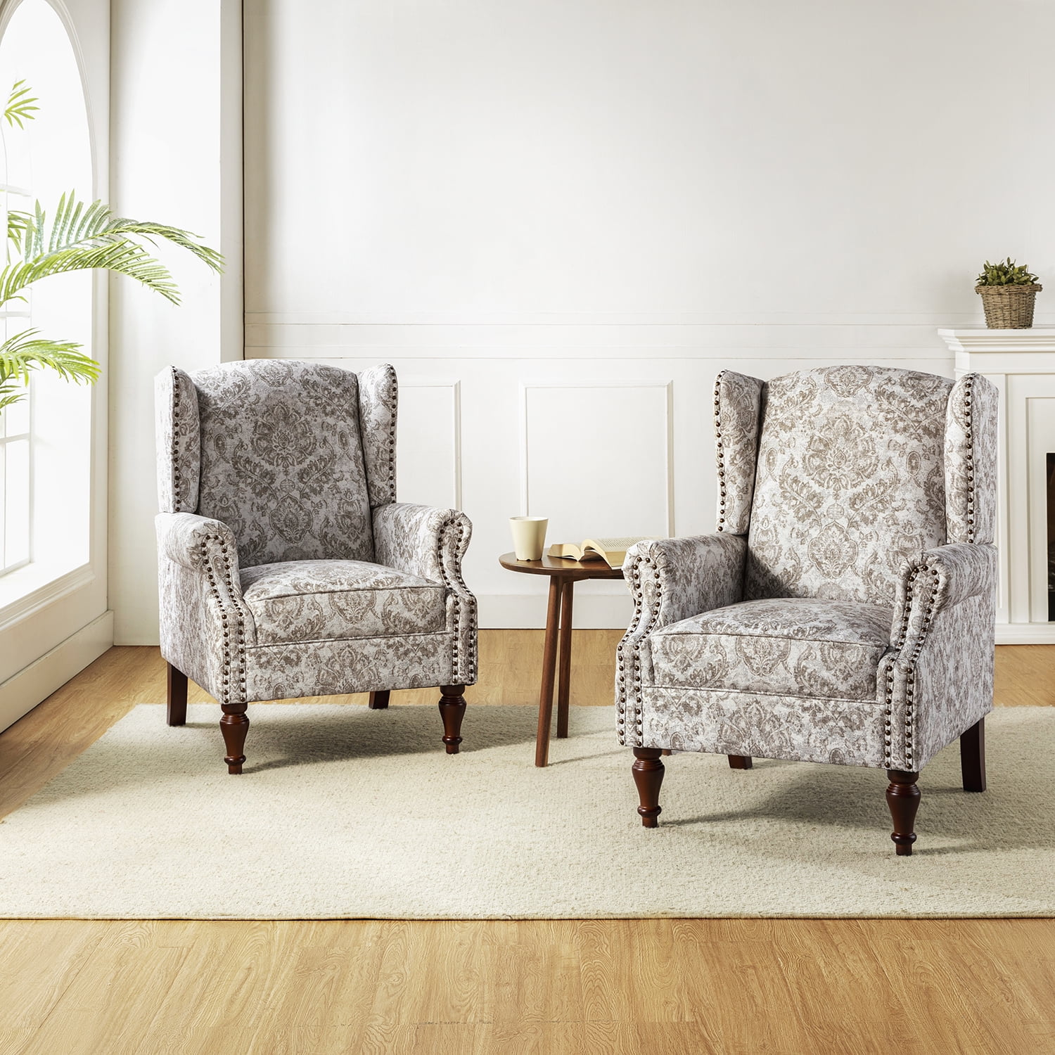 Wingback Accent Chair Floral Set of 2, Traditional Fabric Armchair ...