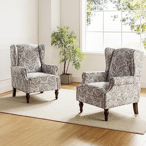 Wingback Accent Chairs Set of 2 with Floral Pattern Design, Traditional ...
