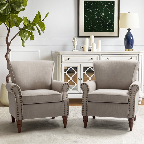 Elegant Wingback Accent Chairs, Set of 2, Grey Upholstered with Wood ...
