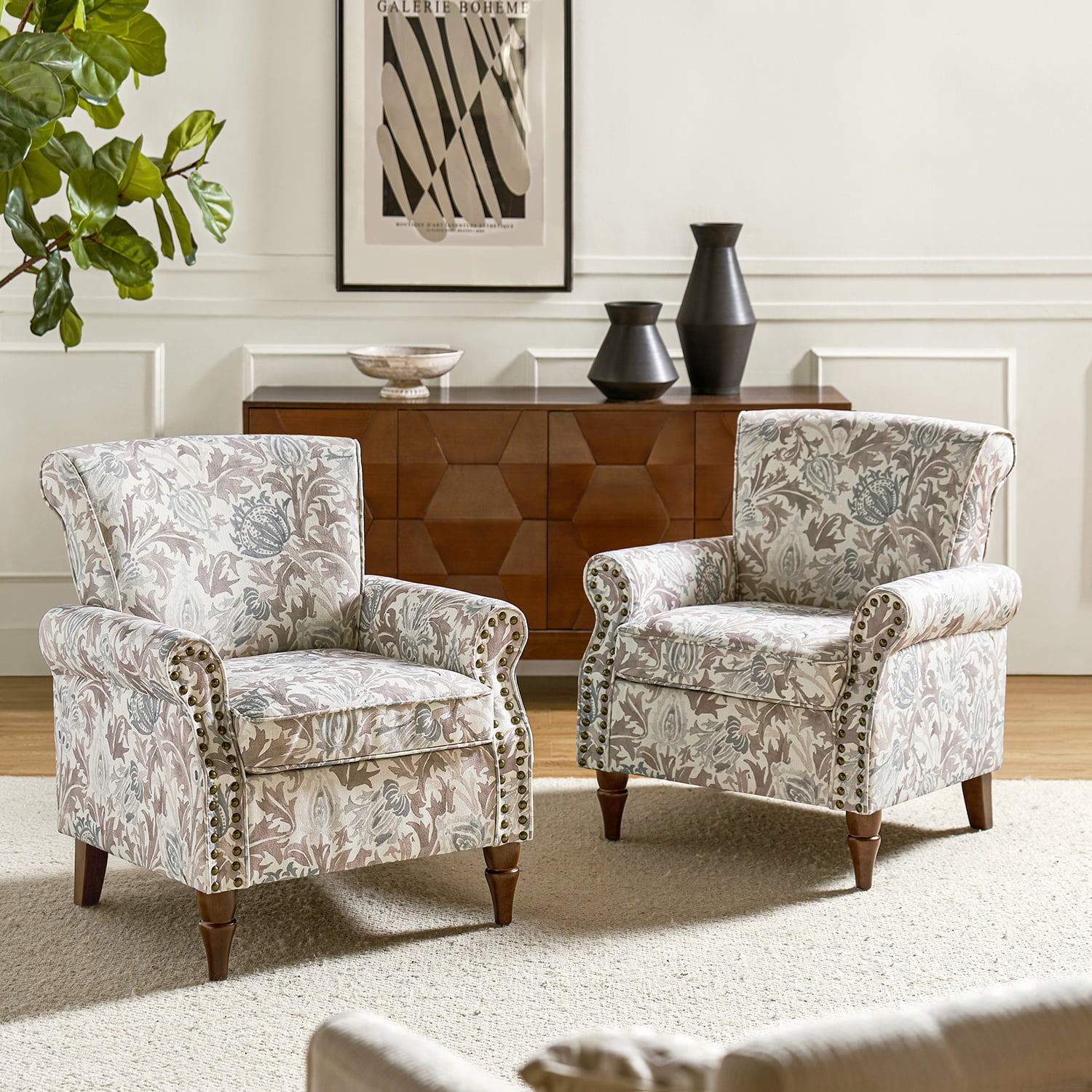 Wingback Armchairs Set of 2 Accent Chairs Floral Upholstered Sofa Wood ...