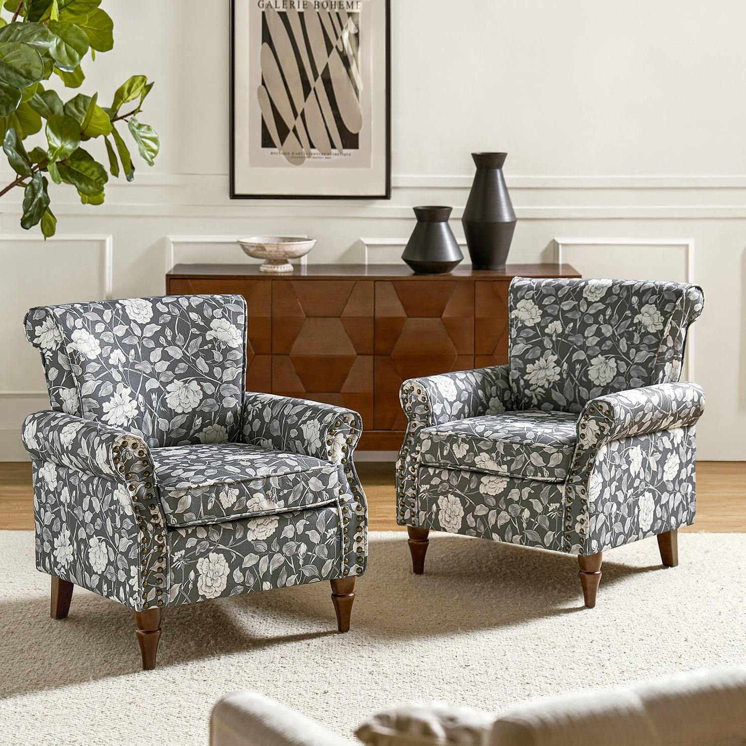 Wingback Armchairs Set of 2 Accent Chairs Floral Upholstered Sofa Wood ...