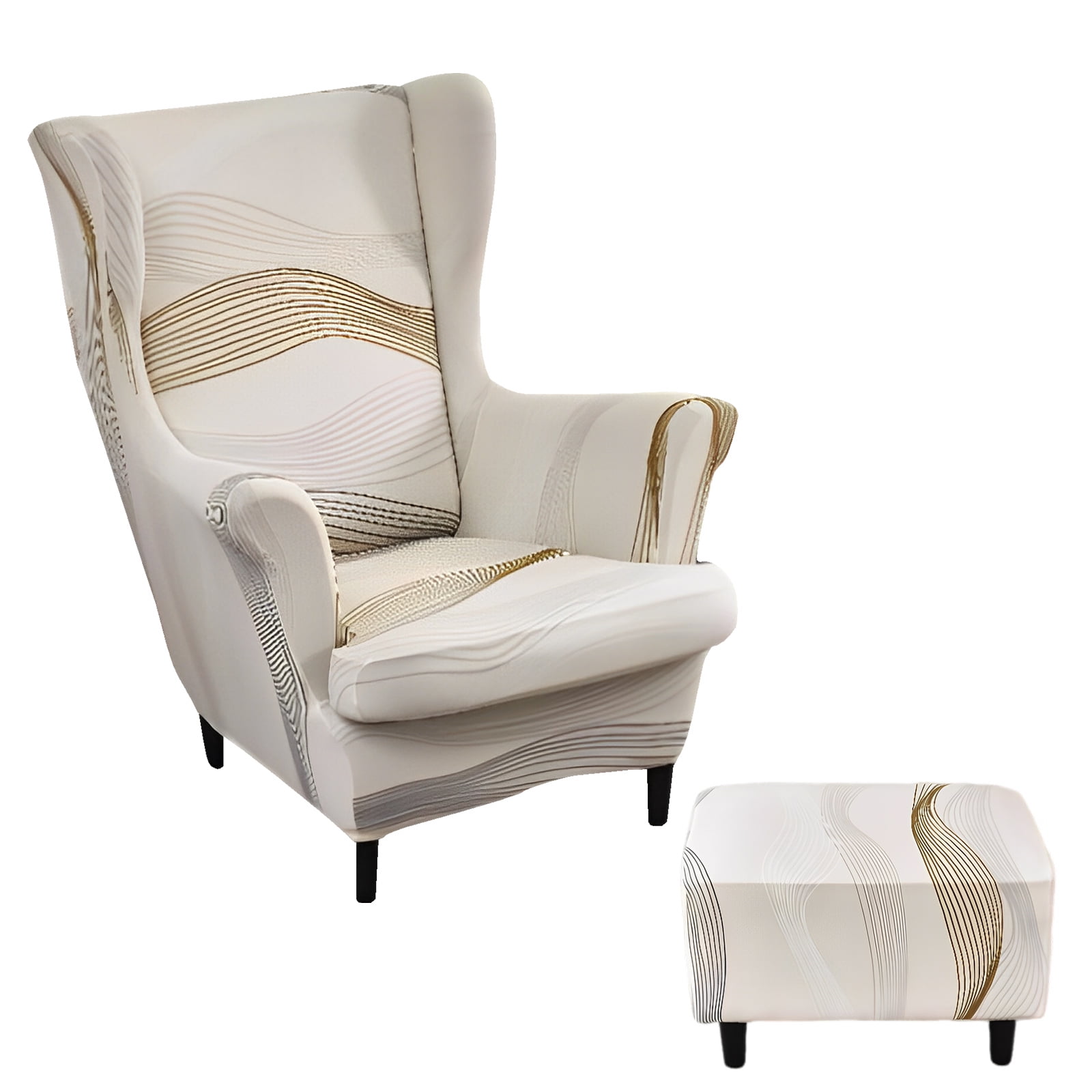 Wingback Chair Slipcover with Cushion Cover and Ottoman Cover Stretch ...