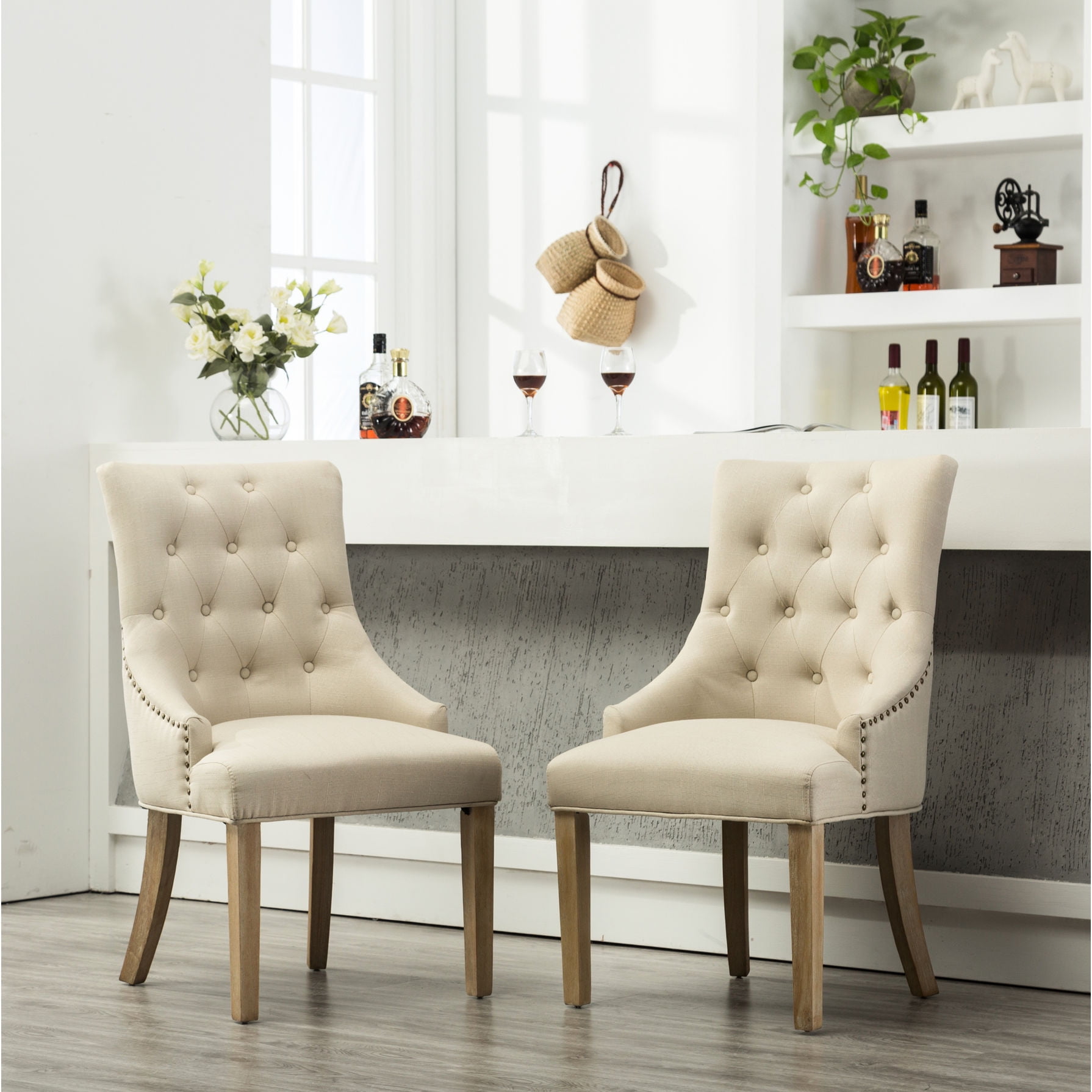 Wingback Hostess Chair Set | Tan Color & Natural Wood Finish | 2 Pieces ...