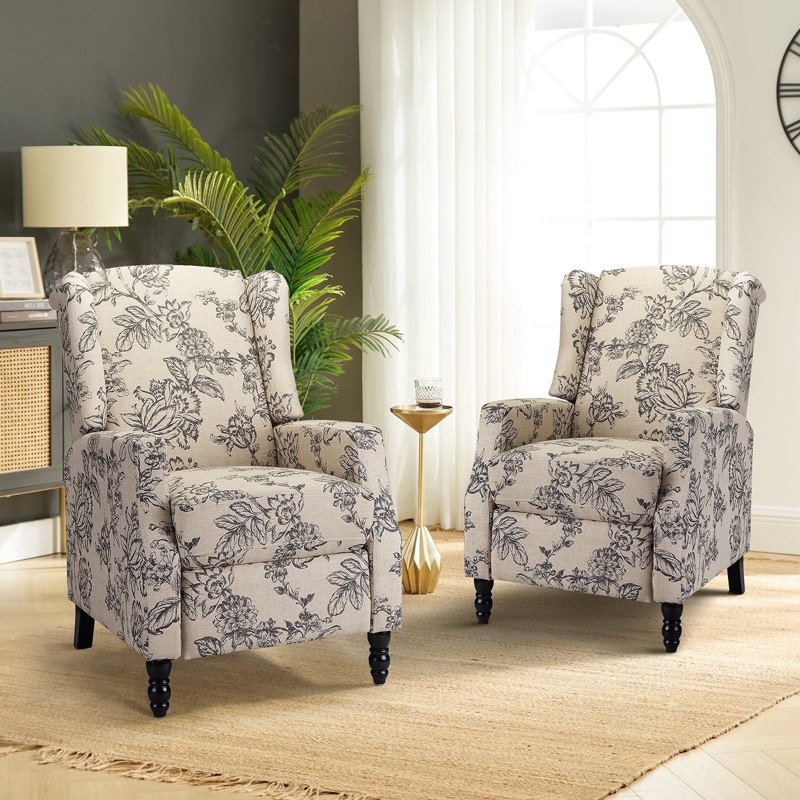 Wingback Manual Push Back Recliner Chair Set of 2 Fabric Upholstered ...