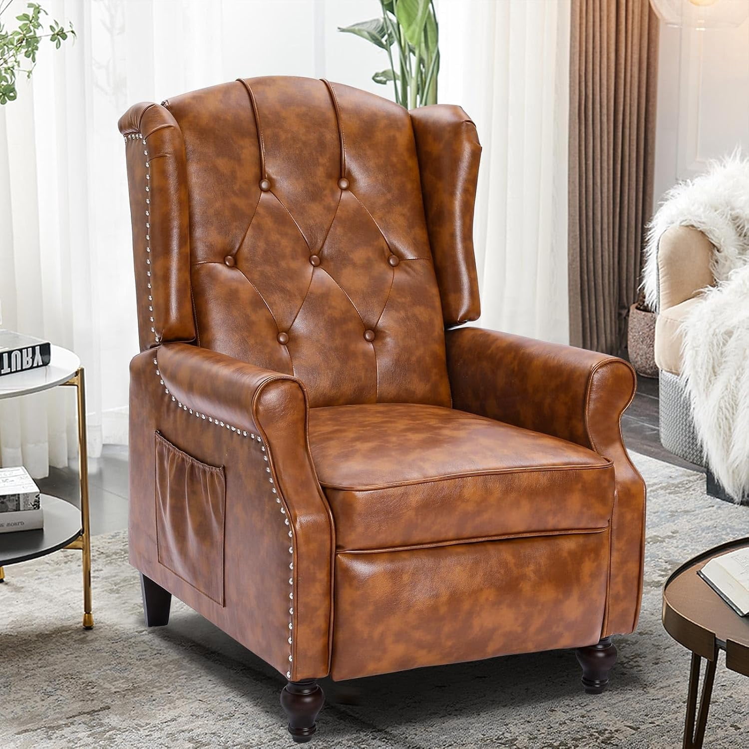Wingback Recliner Chair with Heat and Massage, PU Leather Push Back ...