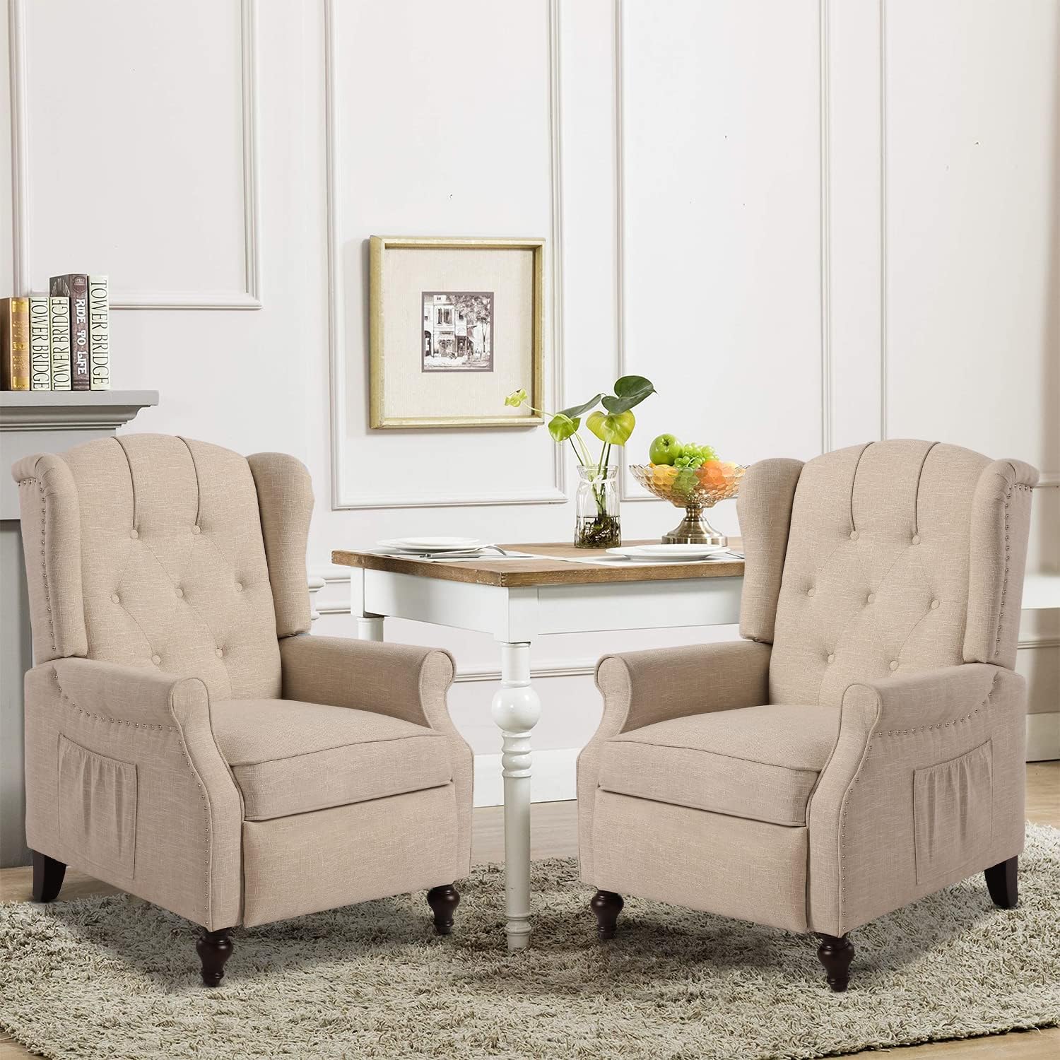 Wingback Recliner Chair with Massage and Heat, Tufted Fabric Push Back ...