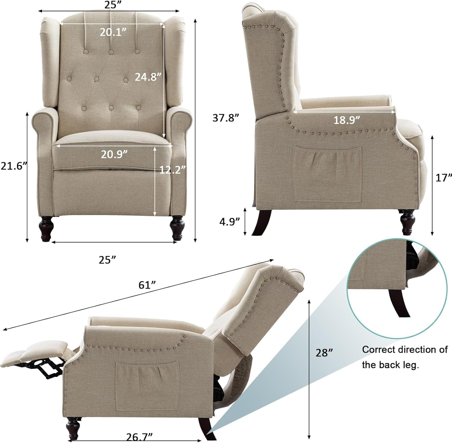 Wingback Recliner Chair Set of 2 with Massage and Heat, Push Back ...