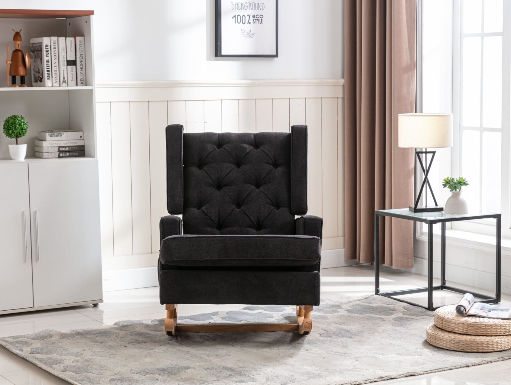 Wingback Rocking Chair with Side Pocket, Modern Upholstered Accent ...