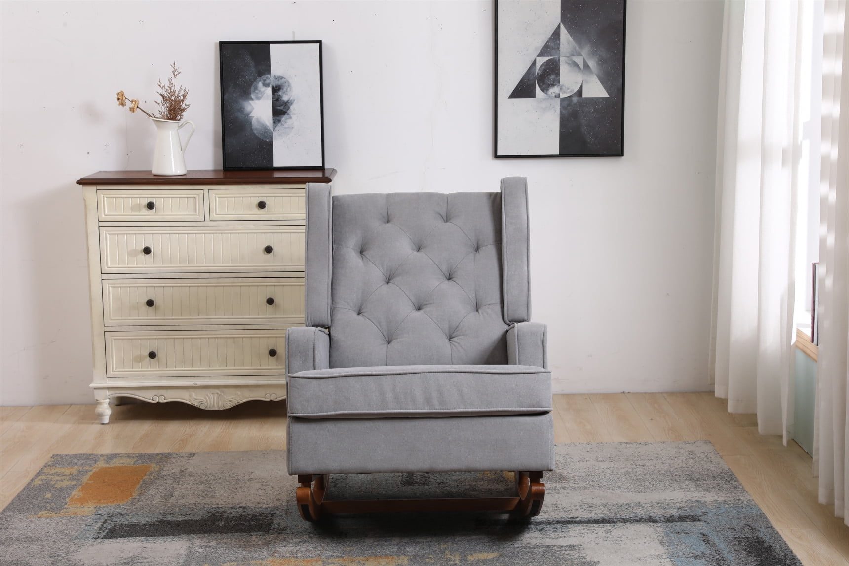 Wingback Rocking Chair with Side Pocket, Modern Upholstered Accent ...