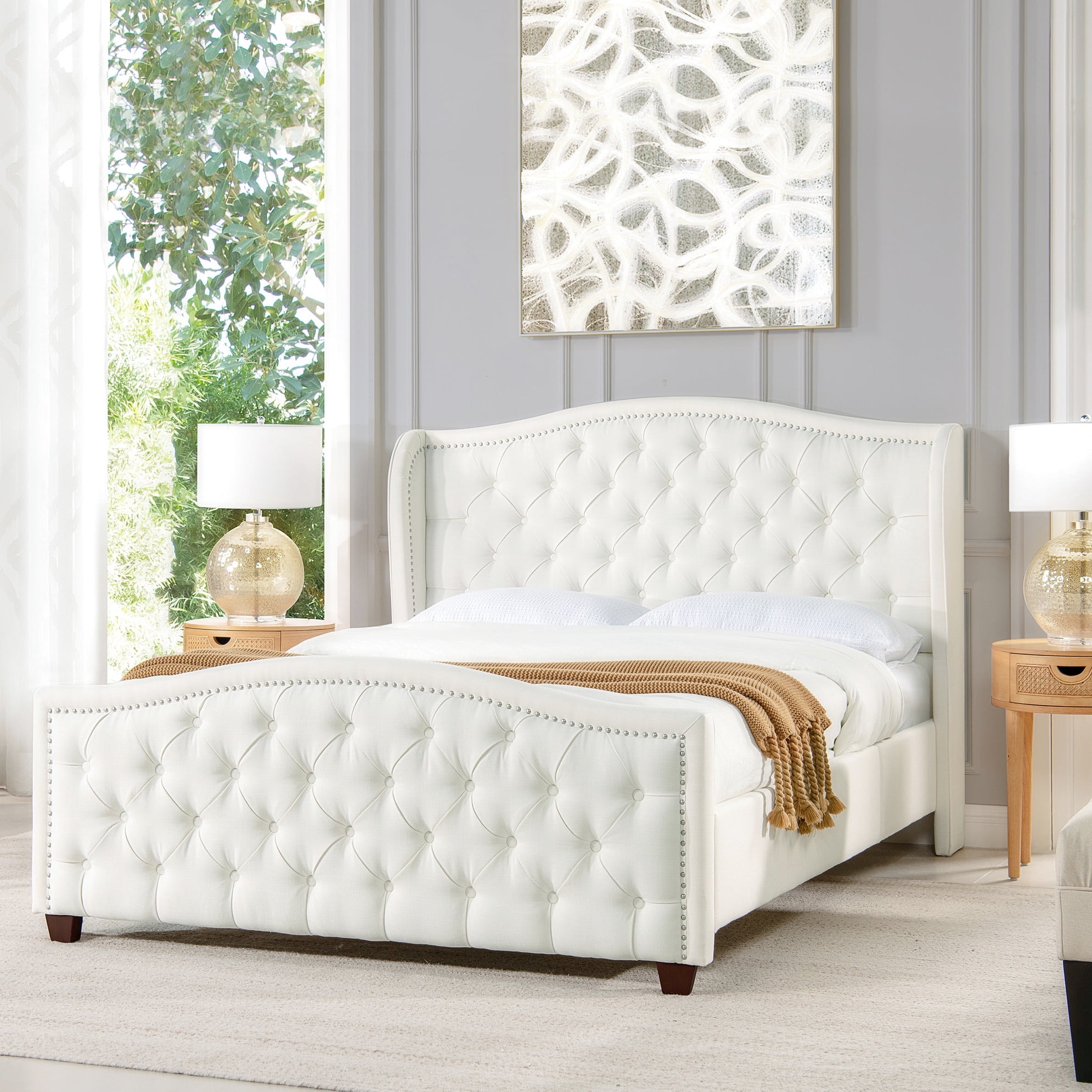 Wingback Upholstered Queen Platform Bed, Antique White - Outdoor ...
