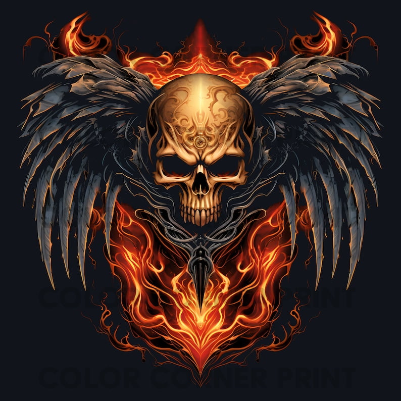 Winged Flaming Skull Biker T-shirt design PNG Digital Download for Sublimation - Transparent ...