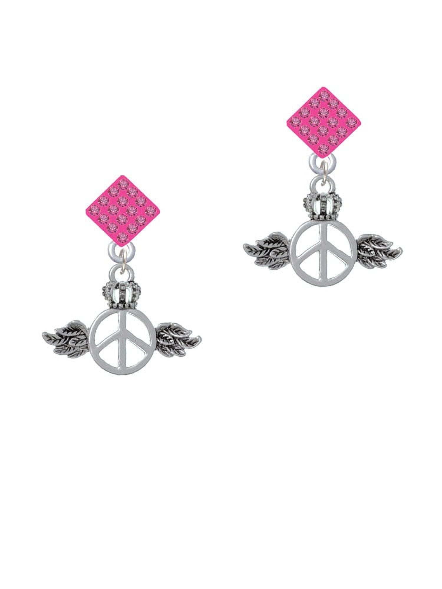 Winged Peace Sign with Crown Hot Pink Crystal Diamond-Shape Earrings ...