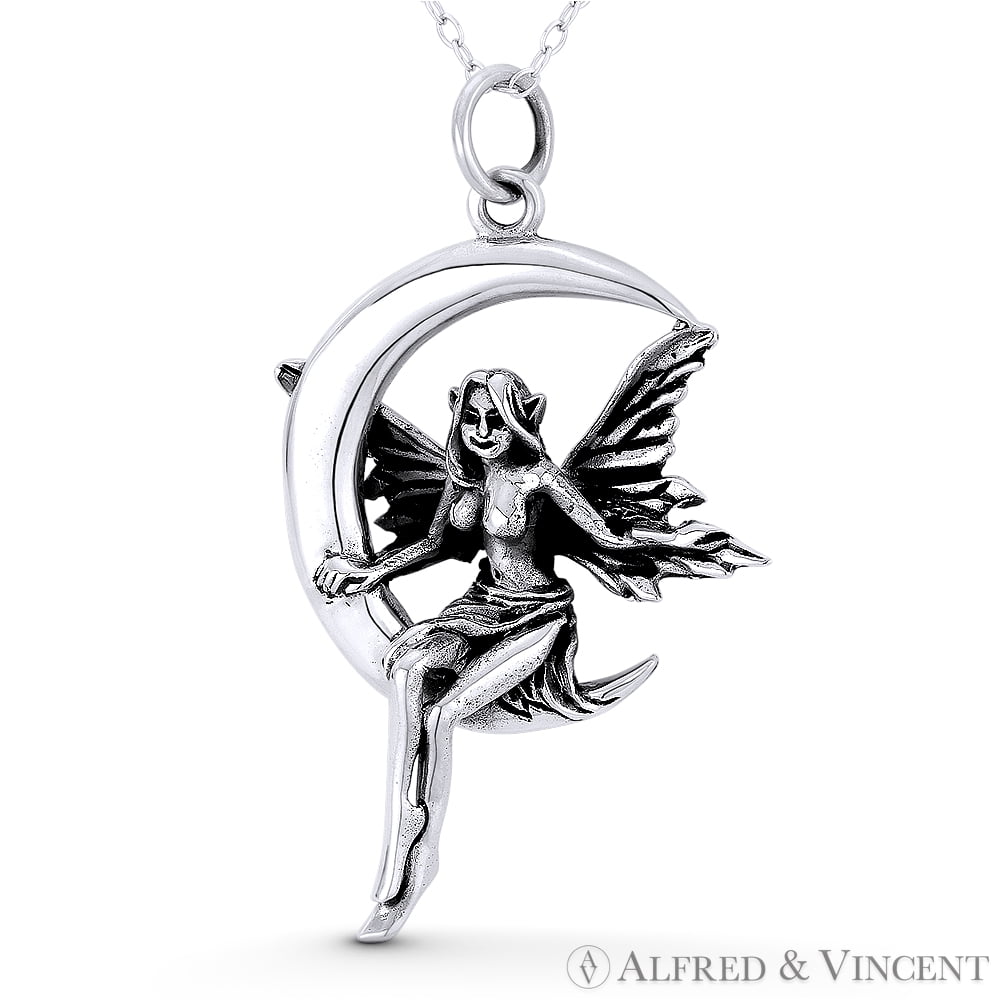 Winged Pixie / Fairy / Nymph on Crescent Moon Charm 43x25mm (1.7x1in) Pendant & Chain Necklace ...