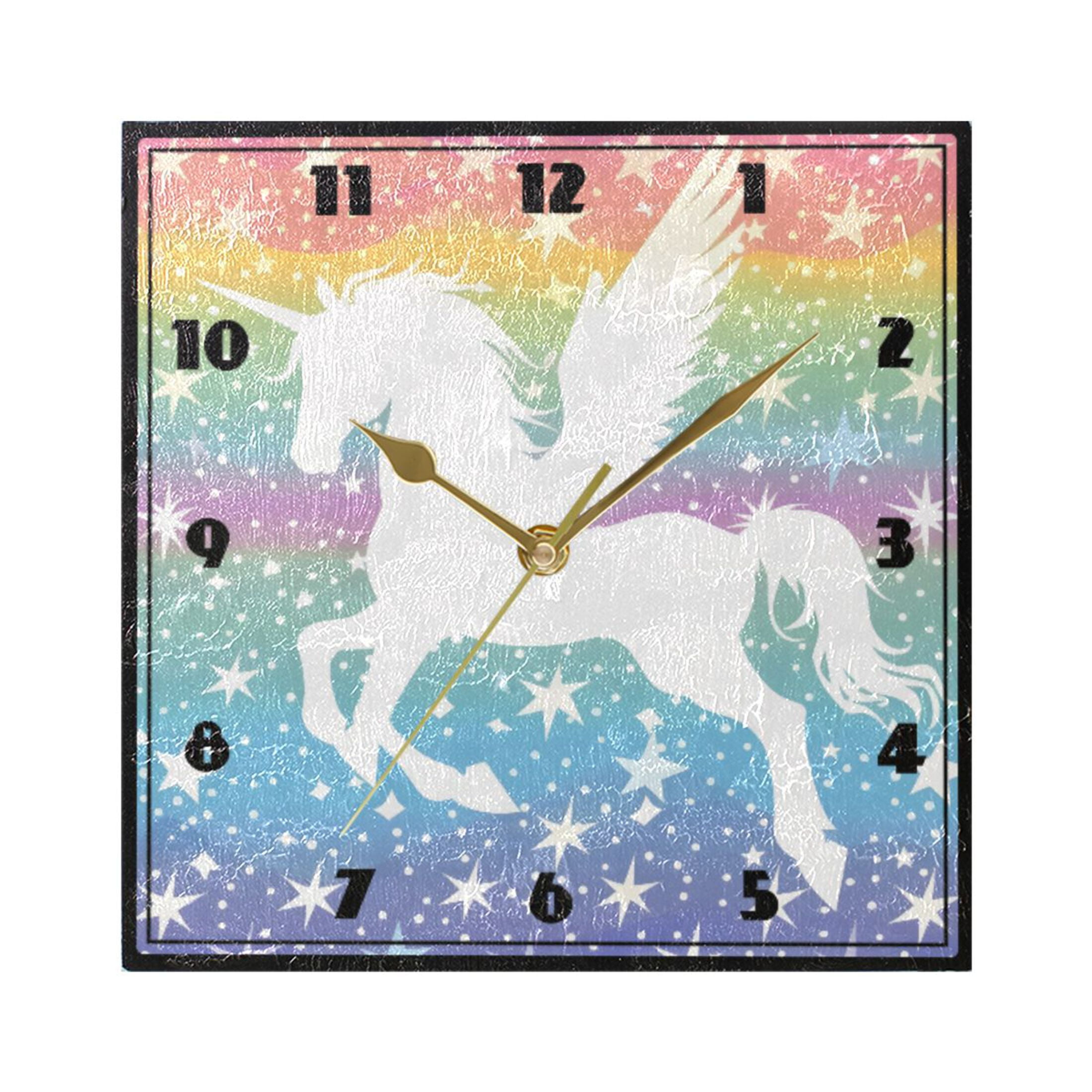 Winged Unicorn Silhouette and Stars Wall Clock 7.78" Non-Ticking Silent ...