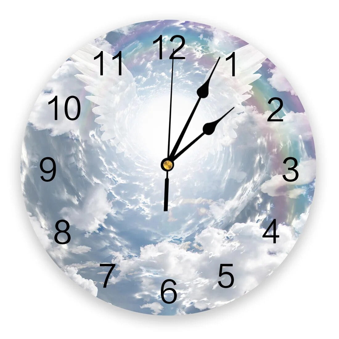 Wings Rainbow White Clouds Wall Clock Home Decor Bedroom Silent Oclock ...