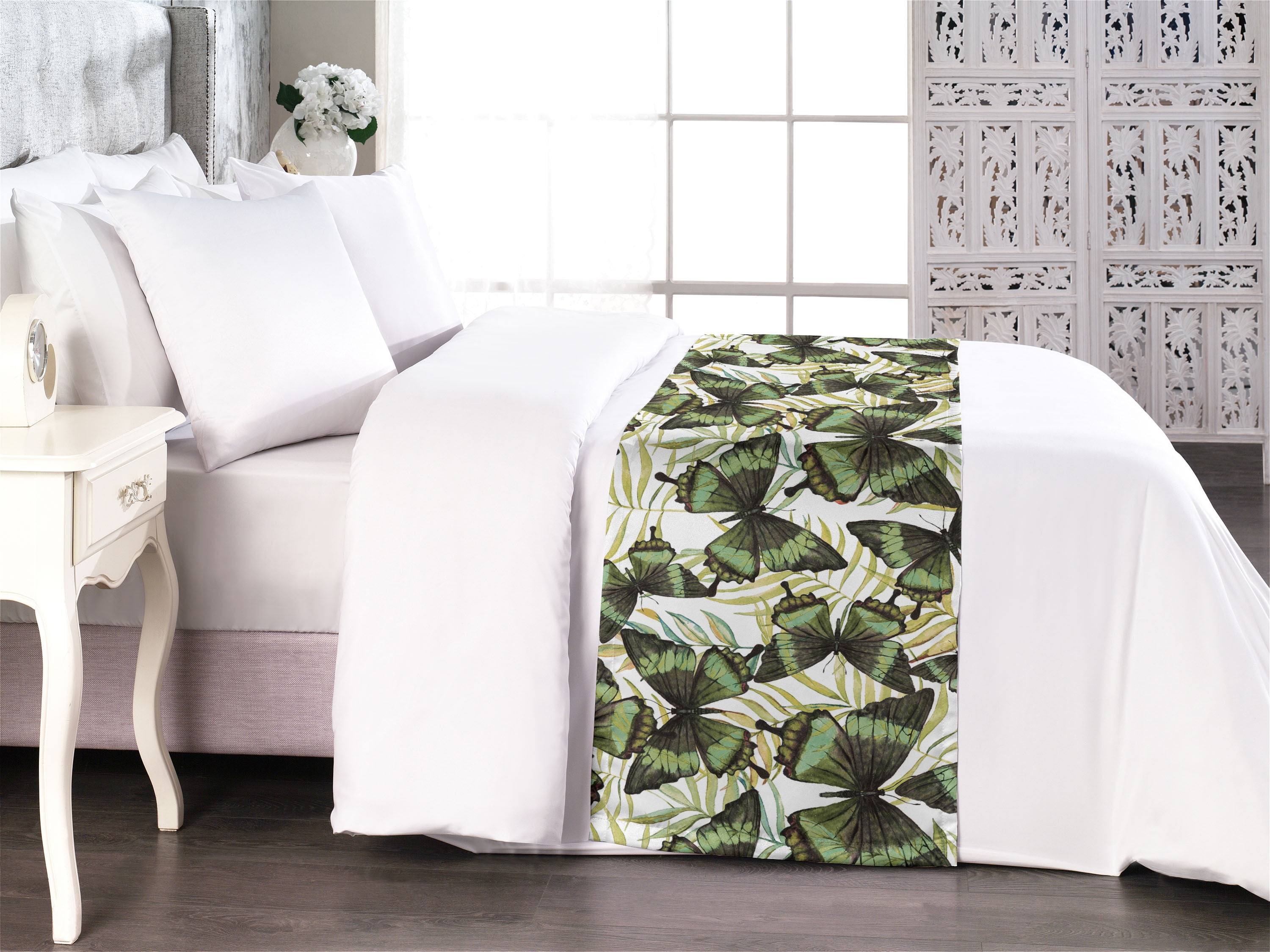 Wings of Spring Bed Runner, Greeny Tones Modern Design Butterfly ...