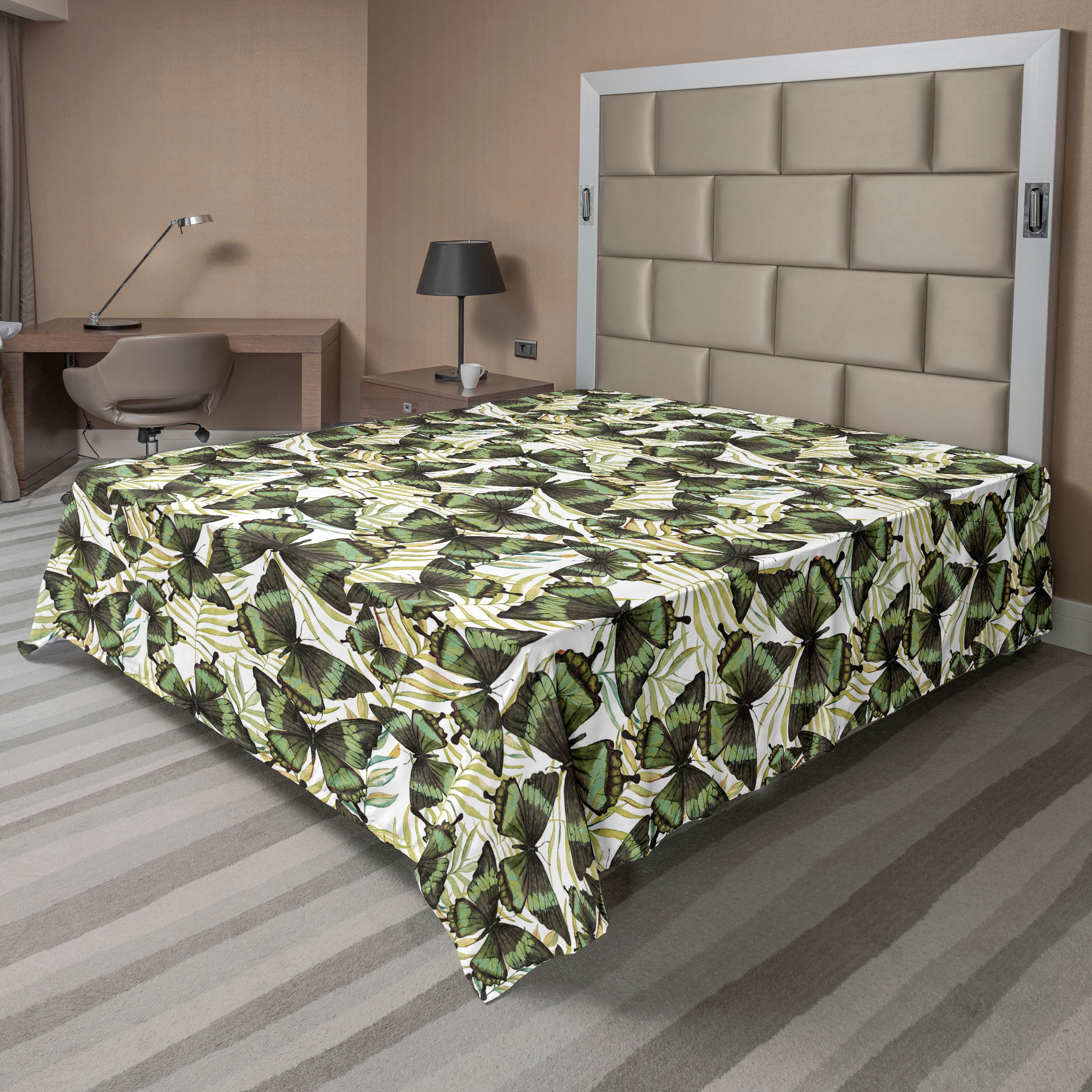 Wings of Spring Flat Sheet, Greeny Tones Modern Design Butterfly ...