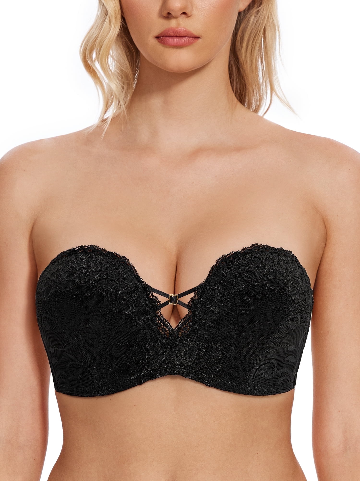 Wingslove Women's Push Up Strapless Bras Wireless Lace Plus Size Underwire Bra for Party,Black ...