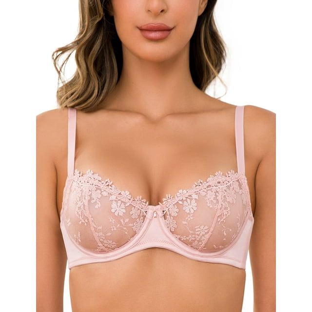Wingslove Womens Sexy Lace Sheer Bra Demi Mesh Balconette See Through