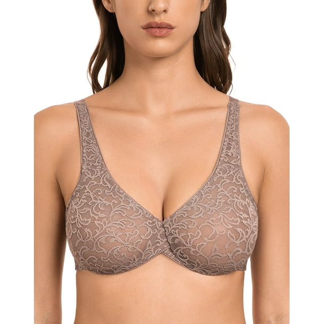Wingslove Women's Sexy Sheer Lace Push Up Bra Underwire Mesh Plunge Bralette Unlined Bra, Mocha ...