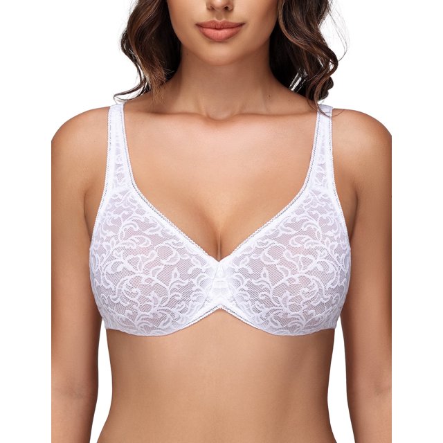 Wingslove Women's Sexy Sheer Lace Push Up Bra Underwire Mesh Plunge Bralette Unlined Bra, White ...