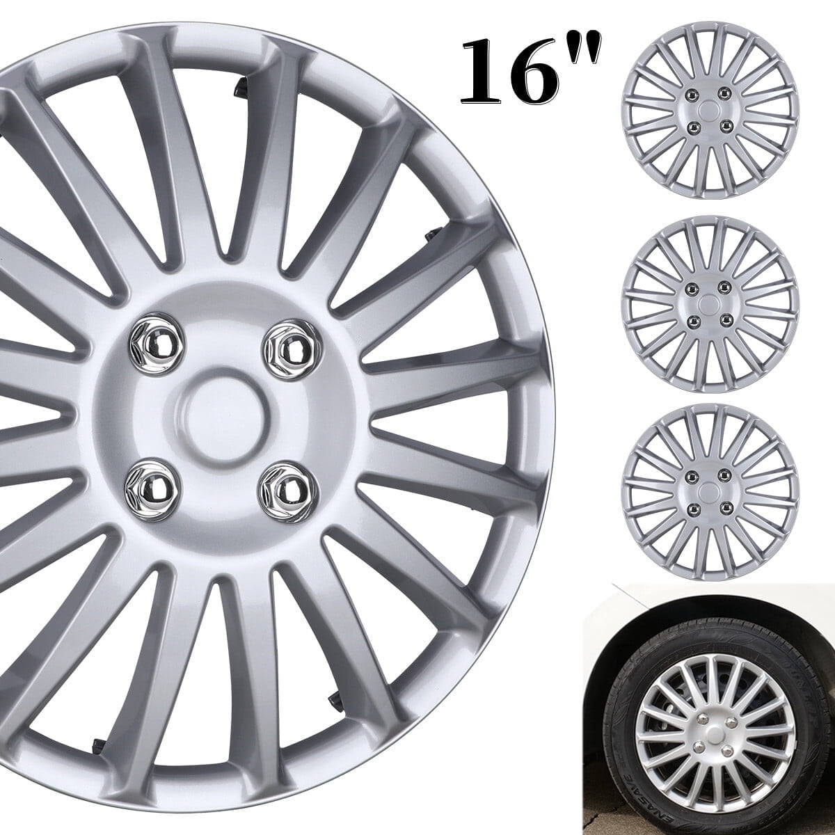 (4-Pack) Winjet 16 Inch Universal Wheel Covers Snap On Hubcaps Full Hub ...