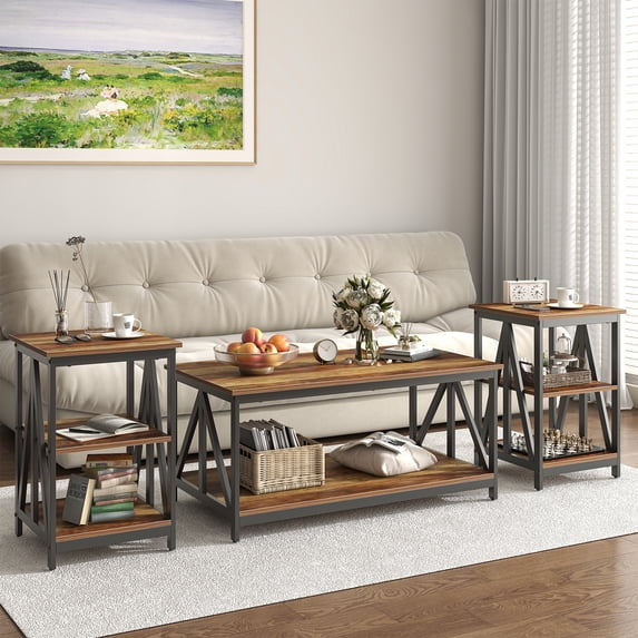 Winkalon 3-Piece Coffee and End Table Set, Brown, with Storage, Metal ...