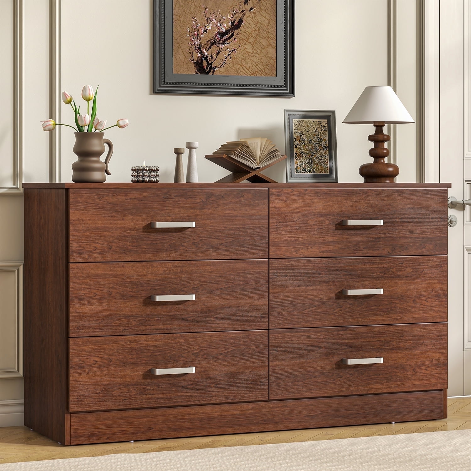 Winkalon Prebuilt 6-Drawer Double Dresser, Brown Wood Storage Cabinet ...