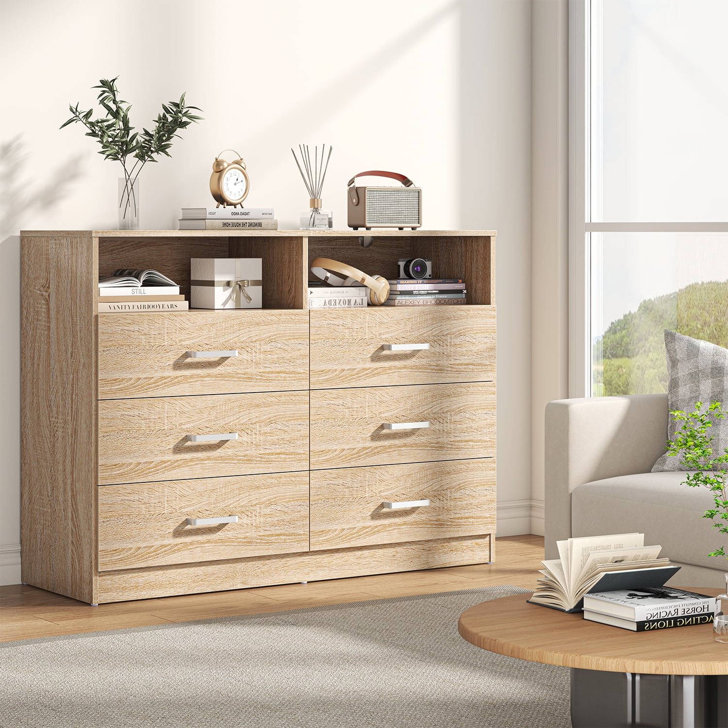Winkalon Modern Wooden Furniture, 6 Drawers Dresser with 2 Open Cubby ...