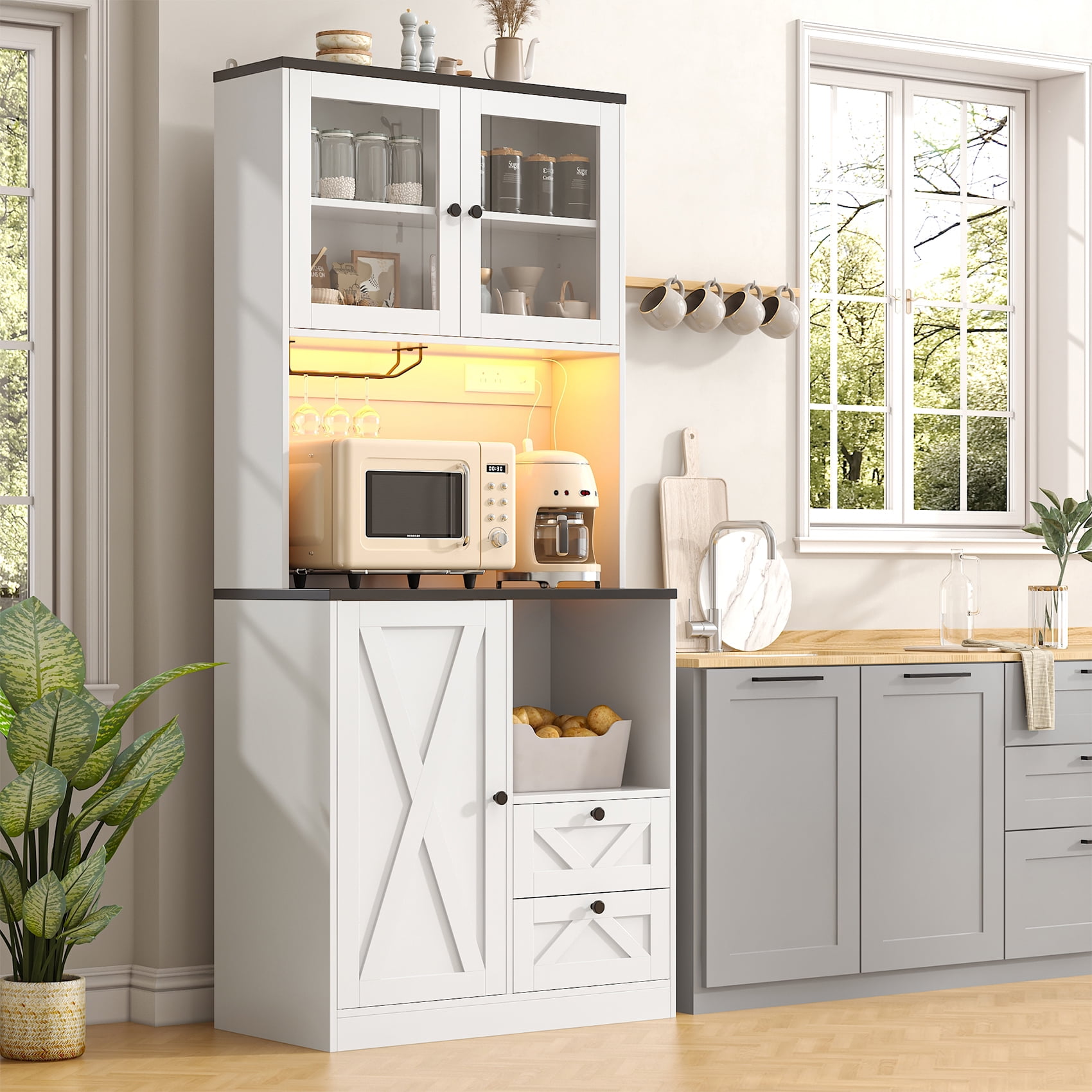 Winkalon 71" Kitchen Pantry with LED Lights and Charging Station ...