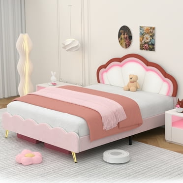 Homfa LED Bed Frame, Full Size Bed for Kids Girls, Velvet Upholstered ...