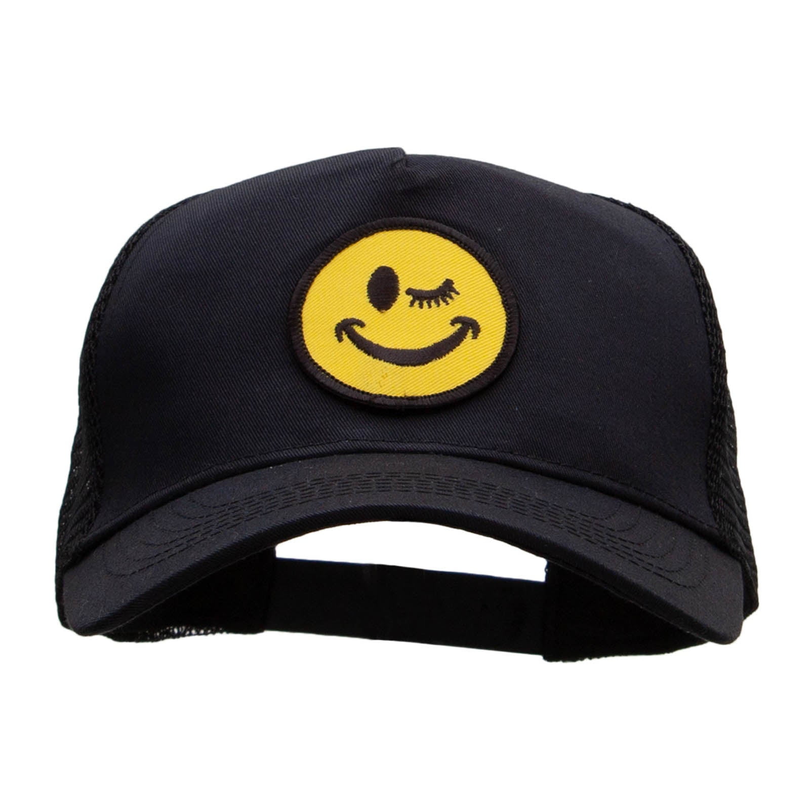 Winking Smiley Face Patched Solid Cotton Twill 5 panel Mesh Back Cap ...