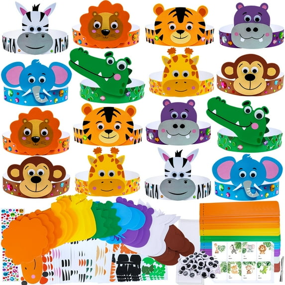 Winlyn 24 Sets Jungle Animal Headbands Craft Kits Animal Crown Art Sets ...
