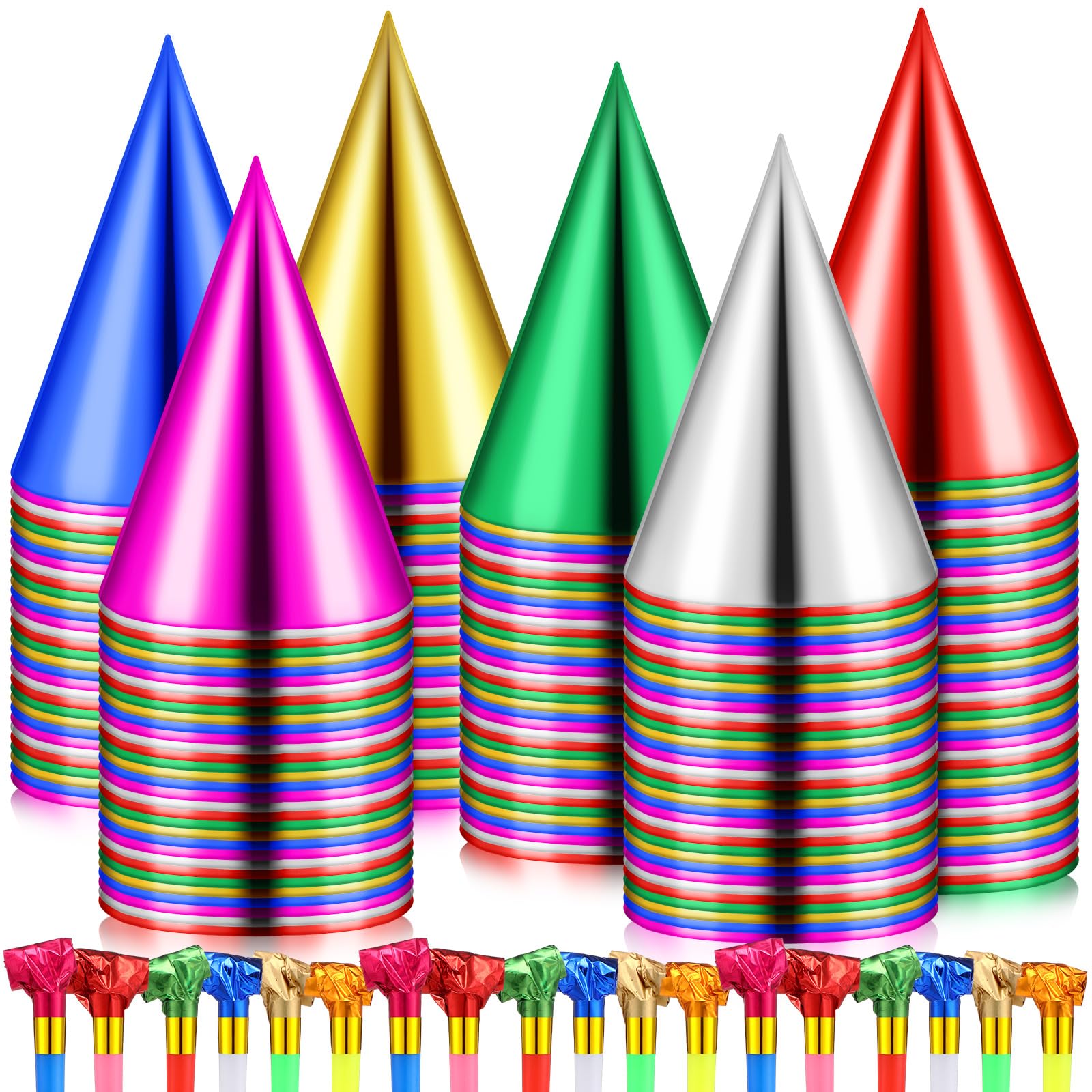 WinnerWhy 300 Pcs Birthday Party Cone Hats and Colorful Noisemakers ...
