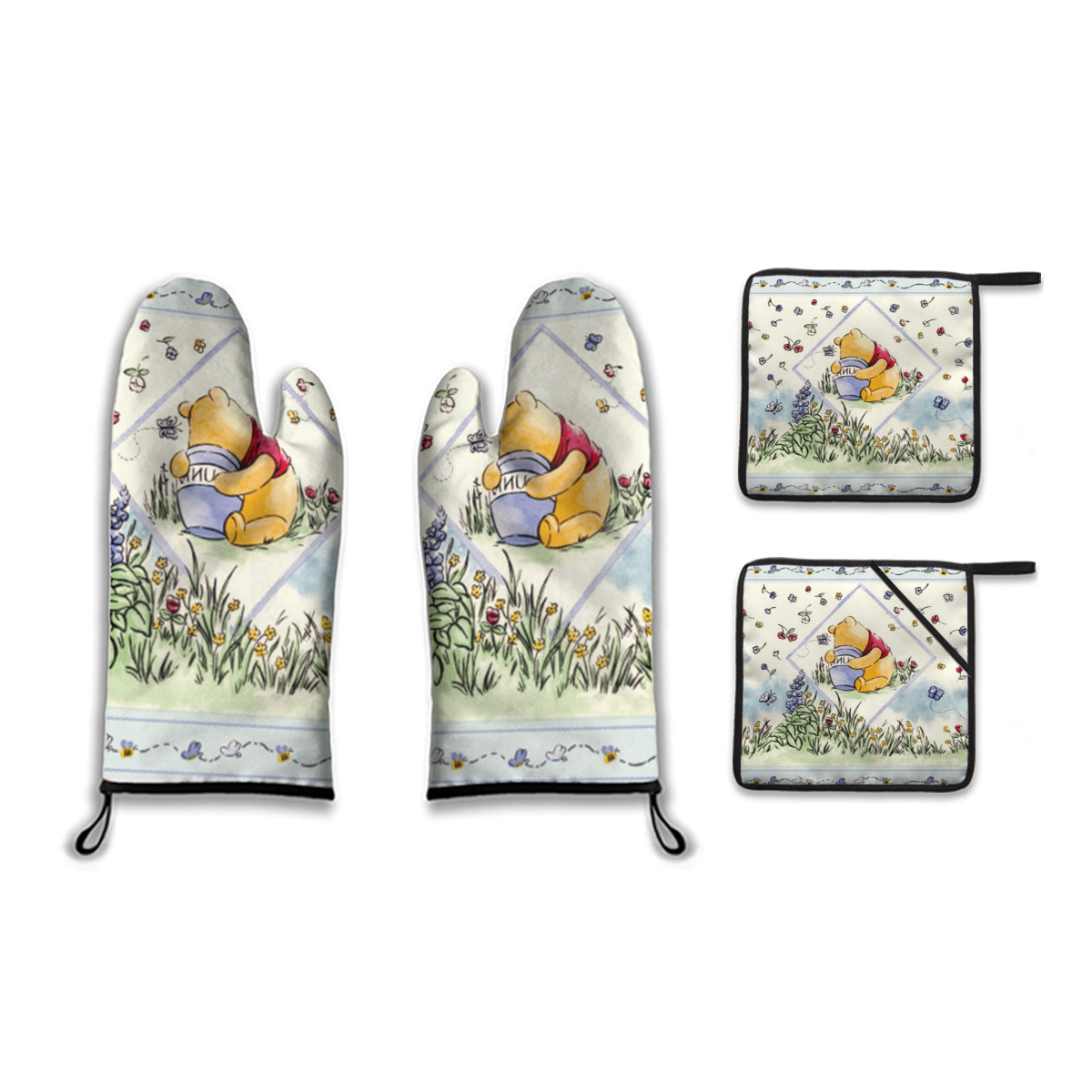 Winnie The Pooh Cartoon Oven Mitts and Pot Cover Pads Set Non-Slip ...